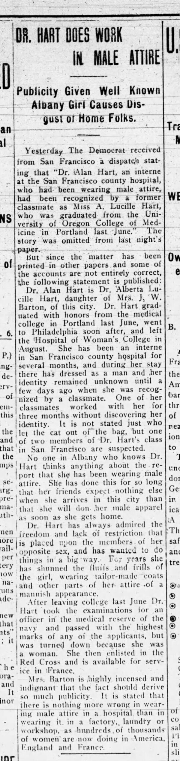 Dr. Hart Does work in Male Attire – Albany Democrat - Super Queer History